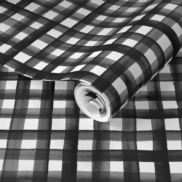 Spoonflower Black And White Monochrome Plaid Gingham Neutral Custom Removable Wallpaper - Black,white,gray