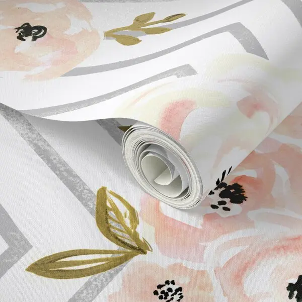 Spoonflower Peach Roses Mod Rose Gray Floral Flower Geometric Custom Removable Wallpaper - Orange,gray,white