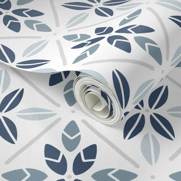 Spoonflower Blue Tile Leaves Large White Modern Geometric Custom Removable Wallpaper - Blue,gray
