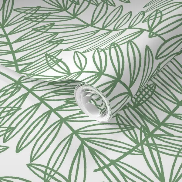 Spoonflower White Green Leaf Line Foliage Custom Pre-pasted Wallpaper - Gray,green