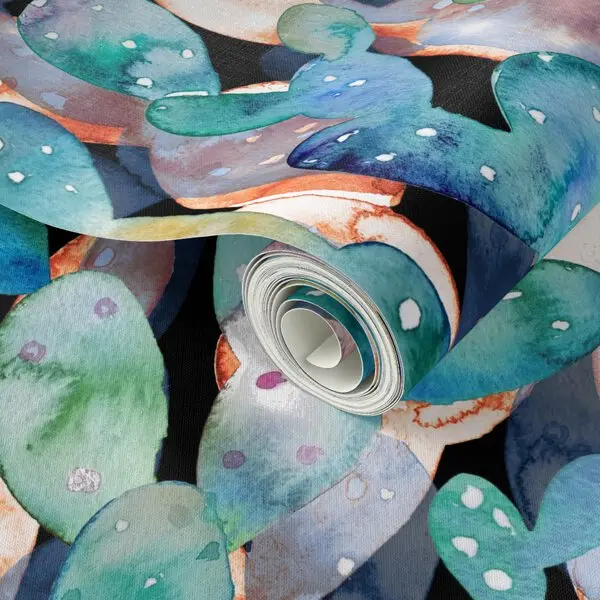Spoonflower Watercolor Watercolour Cactus Succulent Desert Custom Pre-pasted Wallpaper - Turquoise,pink,black