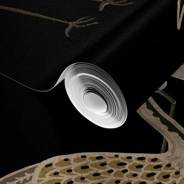 Spoonflower Deco Cranes Onyx Large Scale 100% Natural Sisal Grasscloth Wallcovering - Black