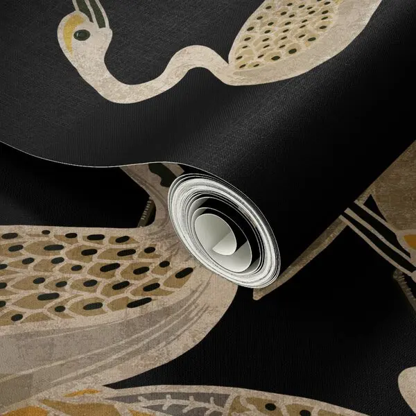 Spoonflower Deco Cranes Onyx Large Scale 100% Natural Sisal Grasscloth Wallcovering - Black