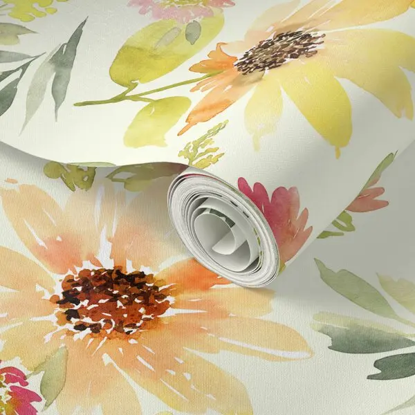 Spoonflower Flowers Orange Baby Sage Autumn Fall Sunflower Custom Pre-pasted Wallpaper - Yellow,green,brown