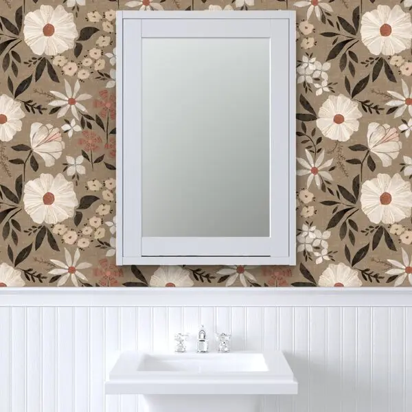 Spoonflower Vintage Brown Romantic Garden Warm Hippy Nursery Custom Pre-pasted Wallpaper - Brown,pink,beige