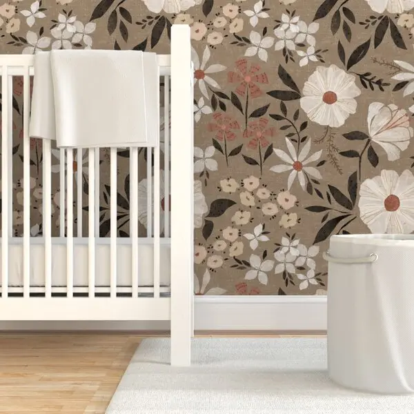 Spoonflower Vintage Brown Romantic Garden Warm Hippy Nursery Custom Pre-pasted Wallpaper - Brown,pink,beige