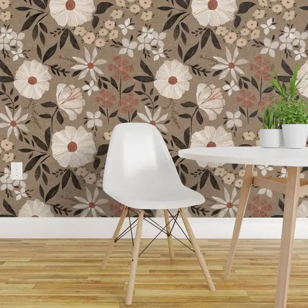 Spoonflower Vintage Brown Romantic Garden Warm Hippy Nursery Custom Pre-pasted Wallpaper - Brown,pink,beige