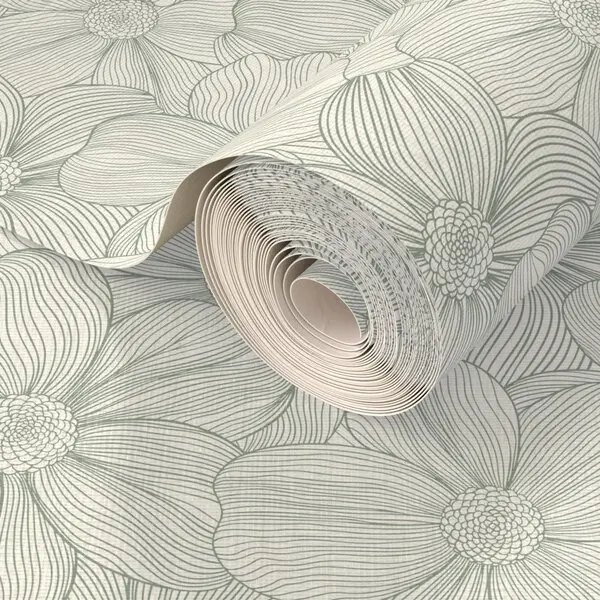 Spoonflower Dogwood Flowers In Green 100% Natural Sisal Grasscloth Wallcovering - Green,beige