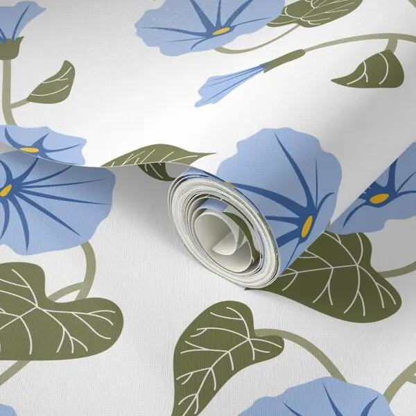 Spoonflower Blue Floral Nature Botanical Morning Glory Gardens Custom Pre-pasted Wallpaper - Green,gray,blue