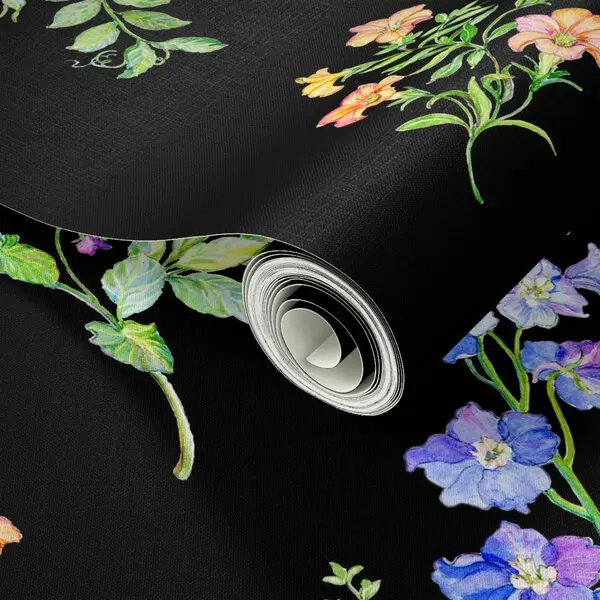 Spoonflower Summer Flowers Floral Black Nature Garden Custom Pre-pasted Wallpaper - Yellow,black,green