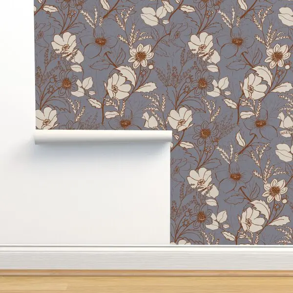 Spoonflower Be Gentle Hand Drawn Floral Periwinkle 100% Natural Sisal Grasscloth Wallcovering