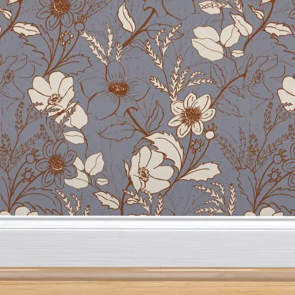 Spoonflower Be Gentle Hand Drawn Floral Periwinkle 100% Natural Sisal Grasscloth Wallcovering