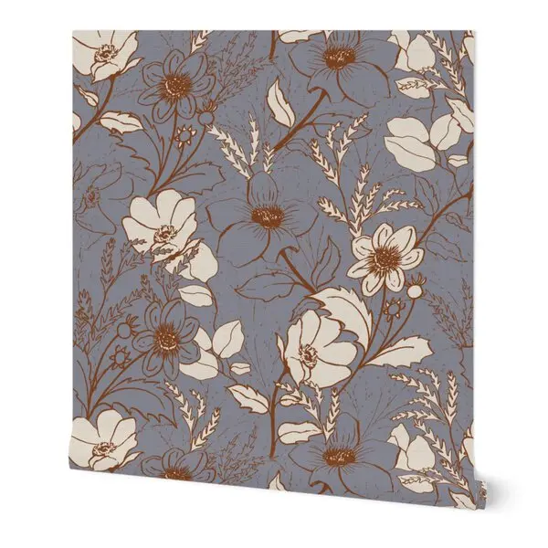 Spoonflower Be Gentle Hand Drawn Floral Periwinkle 100% Natural Sisal Grasscloth Wallcovering