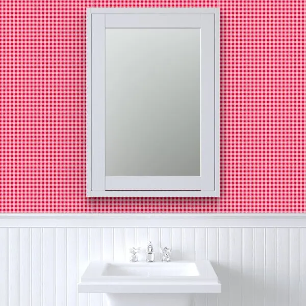 Spoonflower Pink Red Retro Gingham Kitsch Check Nostalgia Custom Pre-pasted Wallpaper - Pink,red