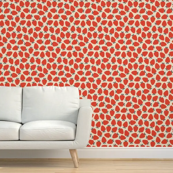 Spoonflower Strawberries Red White And Blue 100% Natural Sisal Grasscloth Wallcovering
