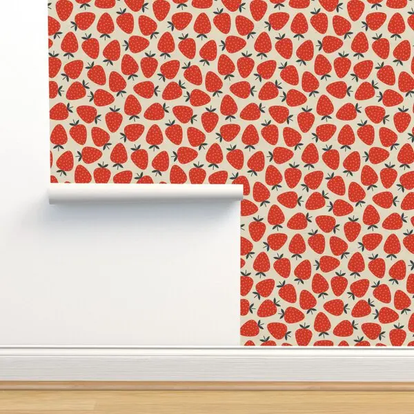 Spoonflower Strawberries Red White And Blue 100% Natural Sisal Grasscloth Wallcovering