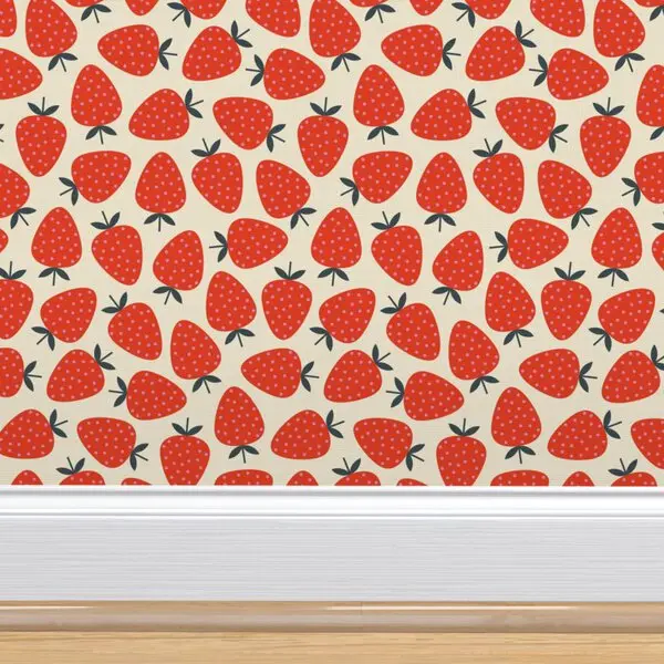 Spoonflower Strawberries Red White And Blue 100% Natural Sisal Grasscloth Wallcovering