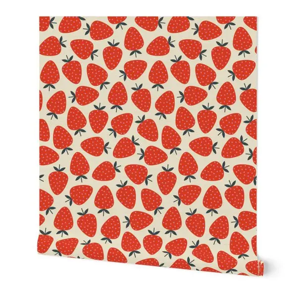 Spoonflower Strawberries Red White And Blue 100% Natural Sisal Grasscloth Wallcovering