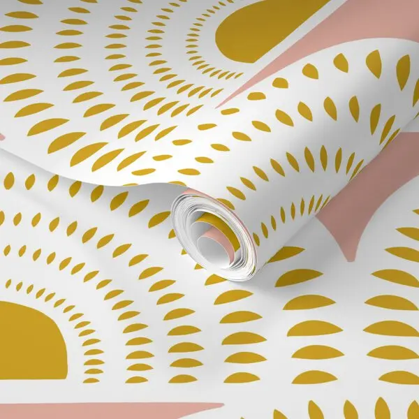 Spoonflower Blush Geometric Pink Vintage Yellow Retro Dots Custom Pre-pasted Wallpaper - Pink,yellow,beige