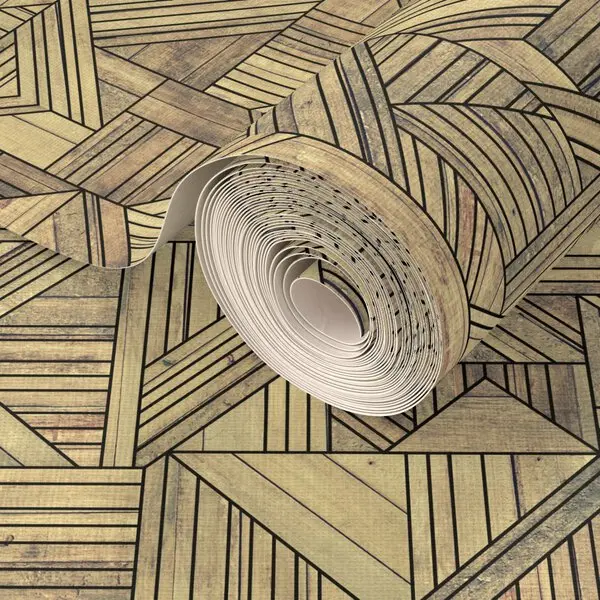 Spoonflower Wood Art Deco Geometric Abstract Minimalism 100% Natural Sisal Grasscloth Wallcovering - Brown