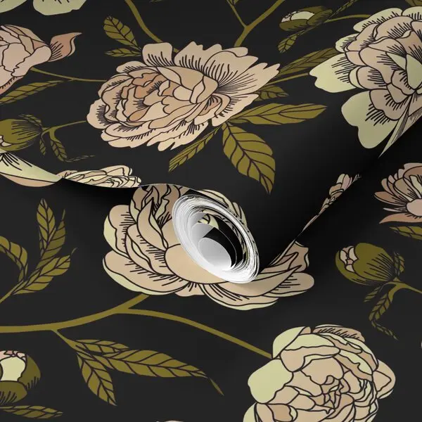 Spoonflower Peonies Retro Flowers Vintage Floral Black And Custom Pre-pasted Wallpaper - Black,beige,green