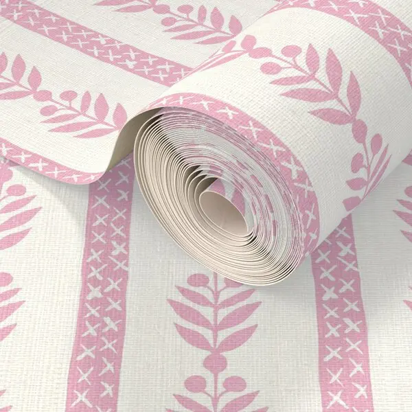 Spoonflower Georgiana Pink On 100% Natural Sisal Grasscloth Wallcovering - White