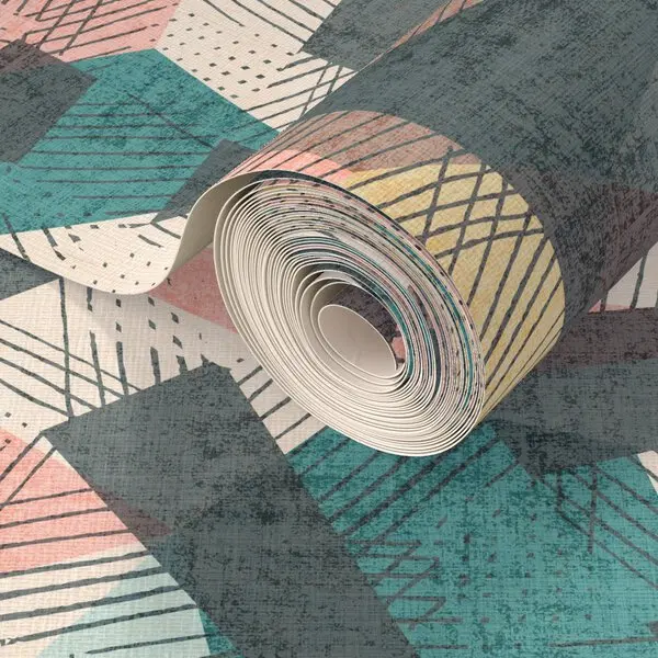 Spoonflower Pink Gray Yellow Abstract Geometric Lines & Shapes 100% Natural Sisal Grasscloth Wallcovering - Gray,pink,blue