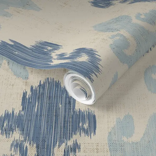 Spoonflower Medium Blue Ikat Tan Sky Grunge Neutral Custom Pre-pasted Wallpaper - Blue,beige,gray