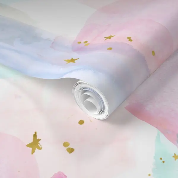 Spoonflower Stars Watercolor Abstract Gold Pastel Baby Custom Removable Wallpaper - Rainbow