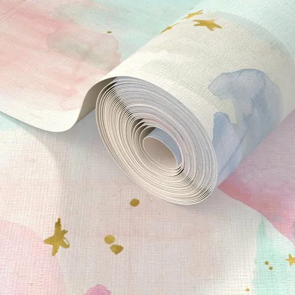 Spoonflower Stars Watercolor Abstract Gold Pastel Baby Custom Removable Wallpaper - Rainbow