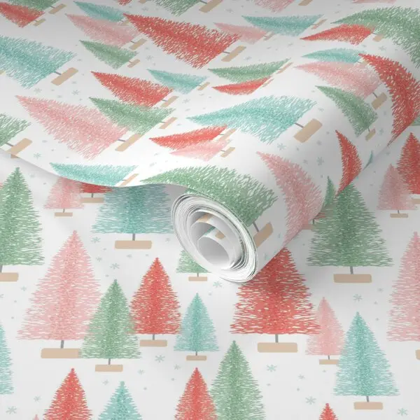 Spoonflower Christmas Aqua Tree Vintage Holiday Decor Retro Custom Pre-pasted Wallpaper - Gray,pink,mint