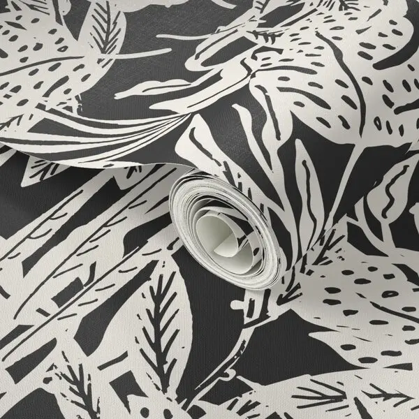 Spoonflower Flower Floral Modern Neutral Protea Custom Pre-pasted Wallpaper - Black,white,gray