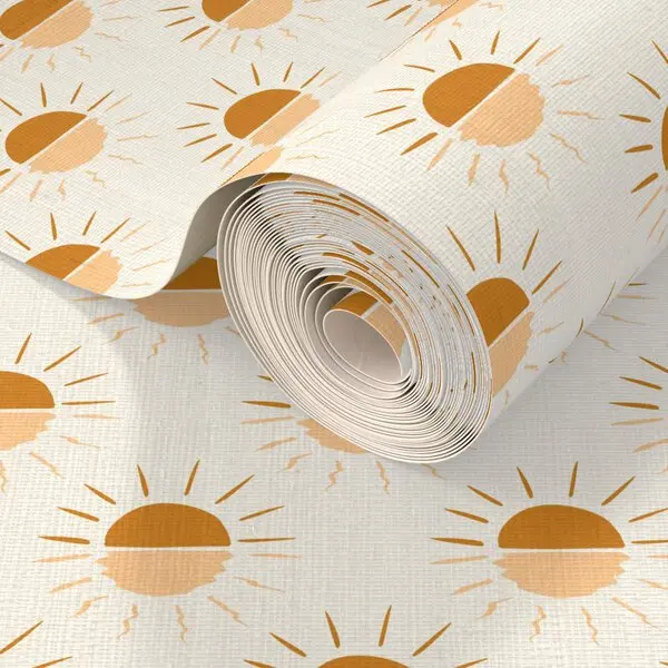 Spoonflower Boho Sunshine Golden Yellow Sunset Bright Summer 100% Natural Sisal Grasscloth Wallcovering - White,beige,gray