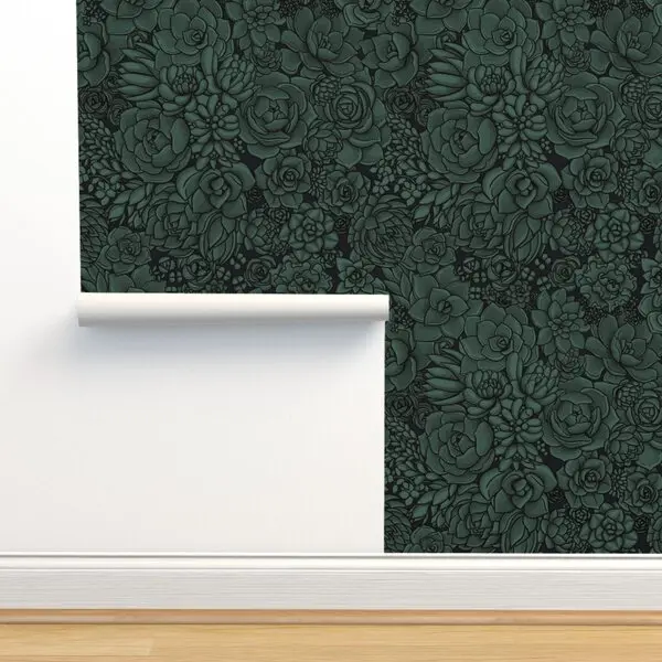 Spoonflower Night Succulent Garden Pine And Graphite 100% Natural Sisal Grasscloth Wallcovering