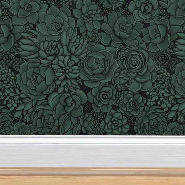 Spoonflower Night Succulent Garden Pine And Graphite 100% Natural Sisal Grasscloth Wallcovering