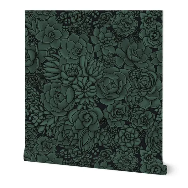 Spoonflower Night Succulent Garden Pine And Graphite 100% Natural Sisal Grasscloth Wallcovering