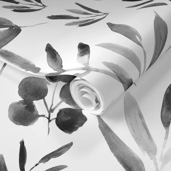 Spoonflower Black And White Grey Modern Jungle Nursery Custom Pre-pasted Wallpaper - Black,white,gray