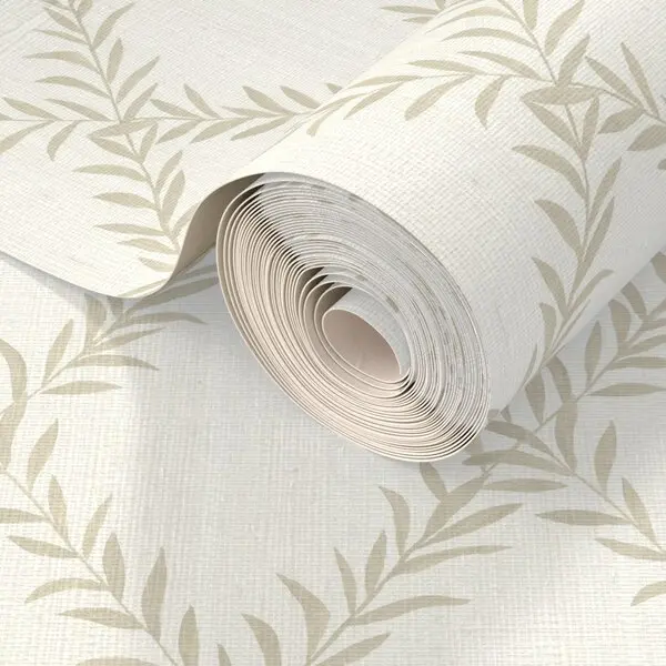 Spoonflower Erin Leafy Trellis Beige Trellsi On White 100% Natural Sisal Grasscloth Wallcovering - Beige,gray
