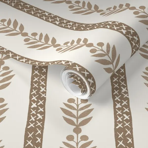 Spoonflower Botanical Stripe Floral Neutral Leaf 100% Natural Sisal Grasscloth Wallcovering - Brown