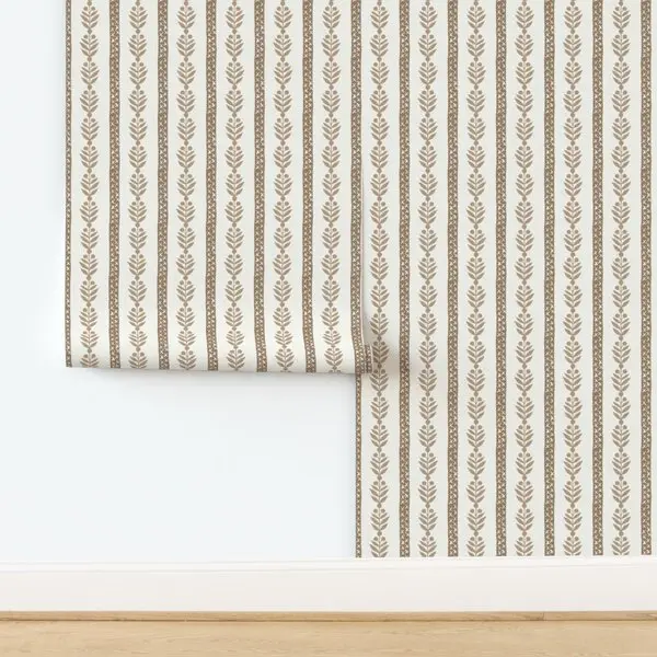 Spoonflower Botanical Stripe Floral Neutral Leaf 100% Natural Sisal Grasscloth Wallcovering - Brown