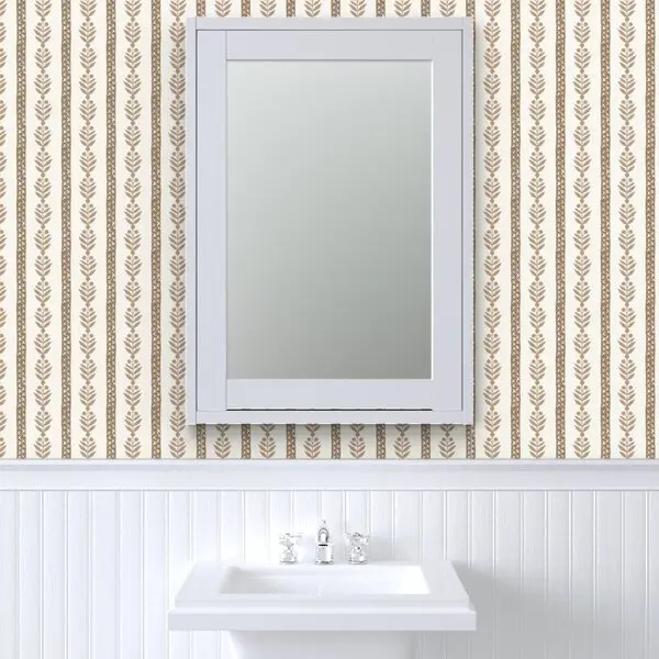 Spoonflower Botanical Stripe Floral Neutral Leaf 100% Natural Sisal Grasscloth Wallcovering - Brown