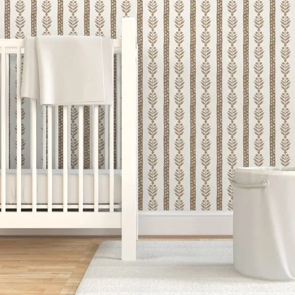 Spoonflower Botanical Stripe Floral Neutral Leaf 100% Natural Sisal Grasscloth Wallcovering - Brown