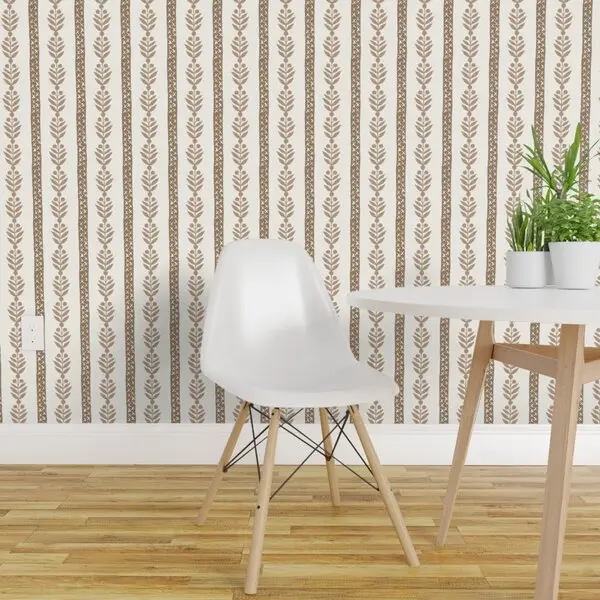 Spoonflower Botanical Stripe Floral Neutral Leaf 100% Natural Sisal Grasscloth Wallcovering - Brown
