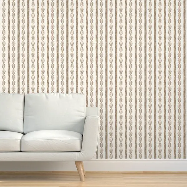 Spoonflower Botanical Stripe Floral Neutral Leaf 100% Natural Sisal Grasscloth Wallcovering - Brown