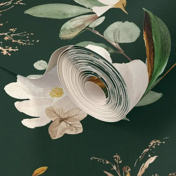 Spoonflower Gold Magnolia Floral On Monstera Green Background 100% Natural Sisal Grasscloth Wallcovering - Green,white