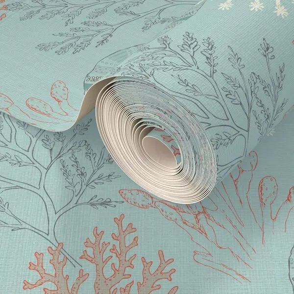 Spoonflower Anenomes Seaweed Sea Weed Coral Reef Blue And 100% Natural Sisal Grasscloth Wallcovering - Blue,pink