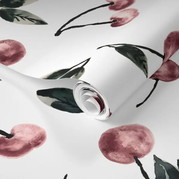 Spoonflower Watercolor Cherry Summer Fruit Sweet Picnic Black Custom Removable Wallpaper - White,red,gray