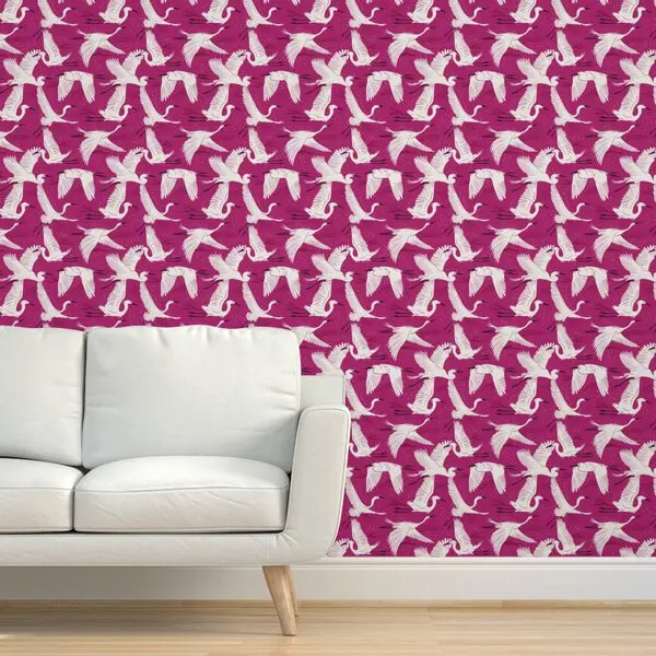 Spoonflower Soaring Wings Magenta Crane 100% Natural Sisal Grasscloth Wallcovering