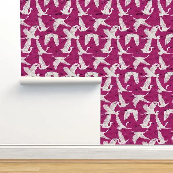 Spoonflower Soaring Wings Magenta Crane 100% Natural Sisal Grasscloth Wallcovering