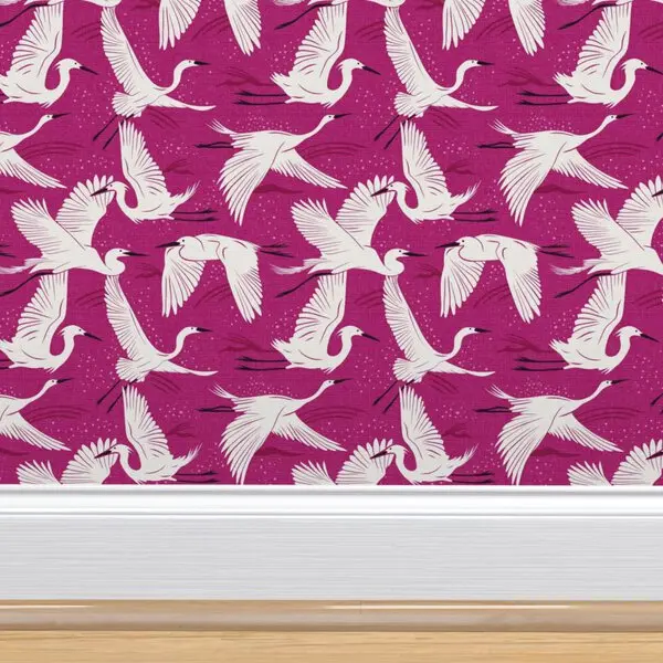 Spoonflower Soaring Wings Magenta Crane 100% Natural Sisal Grasscloth Wallcovering